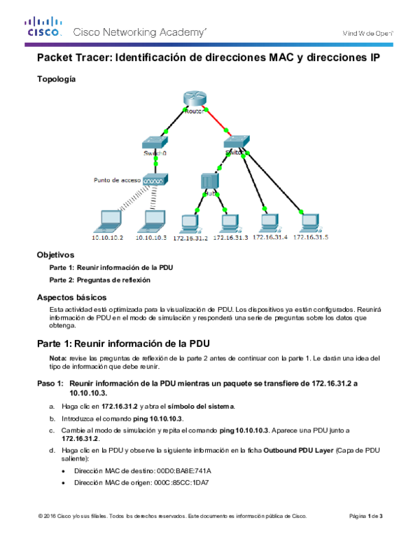 (PDF) Packet Tracer: Identificación de direcciones MAC y direcciones IP Topología Objetivos ...