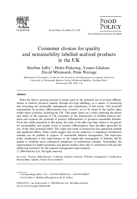(PDF) Consumer choices for quality and sustainability labelled seafood ...