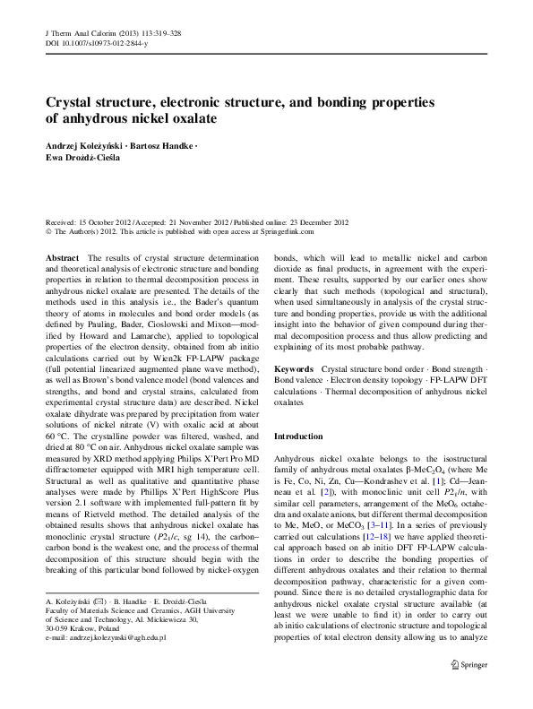 (PDF) Crystal structure, electronic structure, and bonding properties of anhydrous nickel oxalate