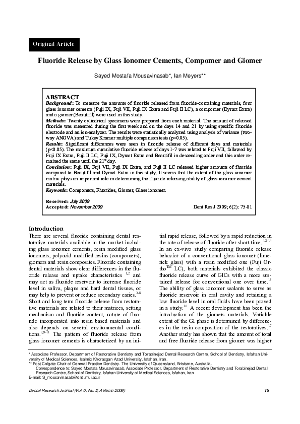 (PDF) Fluoride release by glass ionomer cements, compomer and giomer