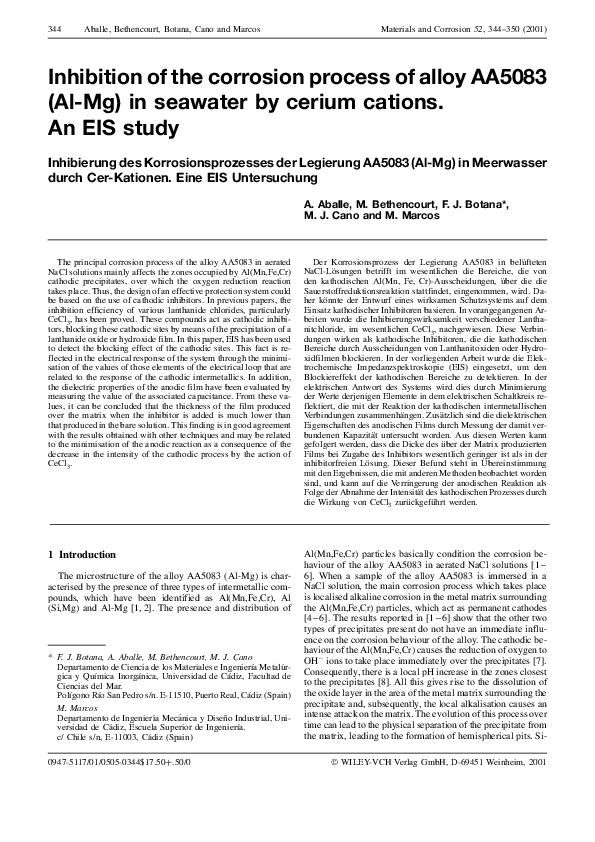 (PDF) Inhibition of the corrosion process of alloy AA5083 (Al-Mg) in seawater by cerium cations ...