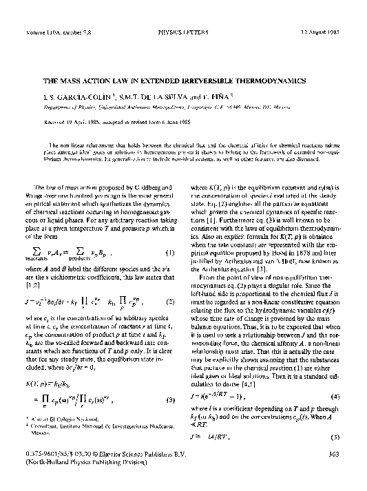 (PDF) The mass action law in extended irreversible thermodynamics