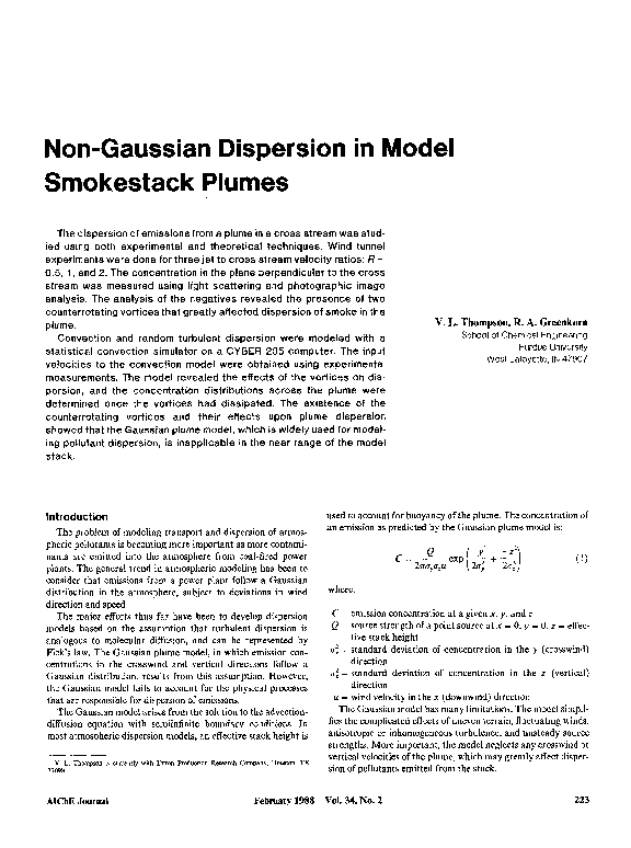 (PDF) Non‐Gaussian dispersion in model smokestack plumes | Vetta L ...