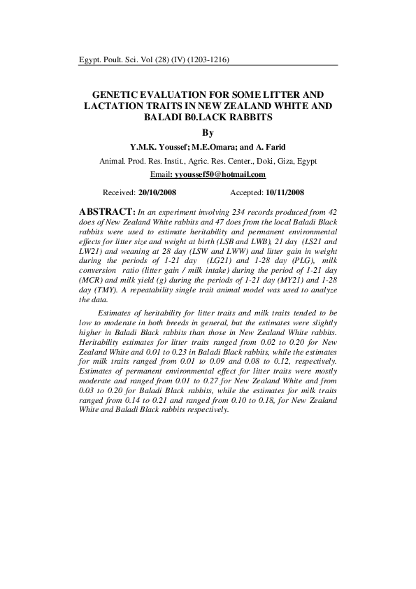 (PDF) Genetic Evaluation for Some Litter and Lactation Traits in New ...