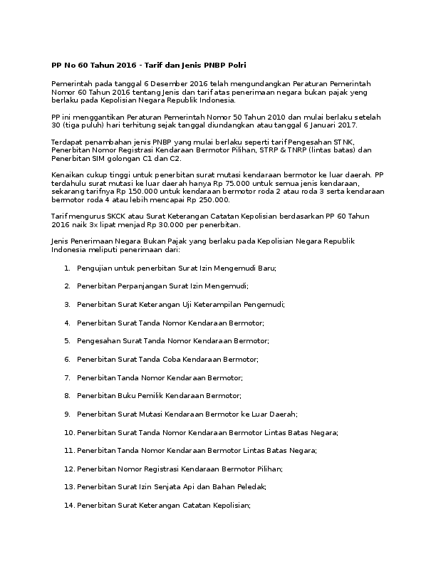 (DOC) PP No 60 Tahun 2016 -Tarif dan Jenis PNBP Polri