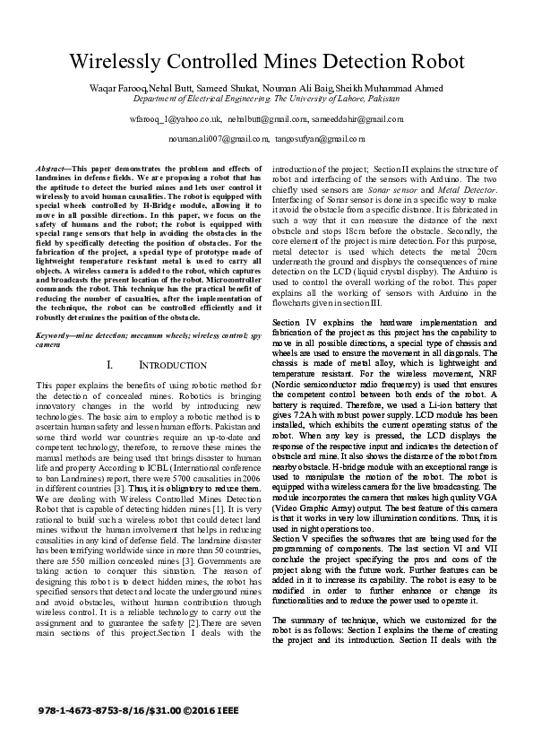 (PDF) Wirelessly Controlled Mines Detection Robot