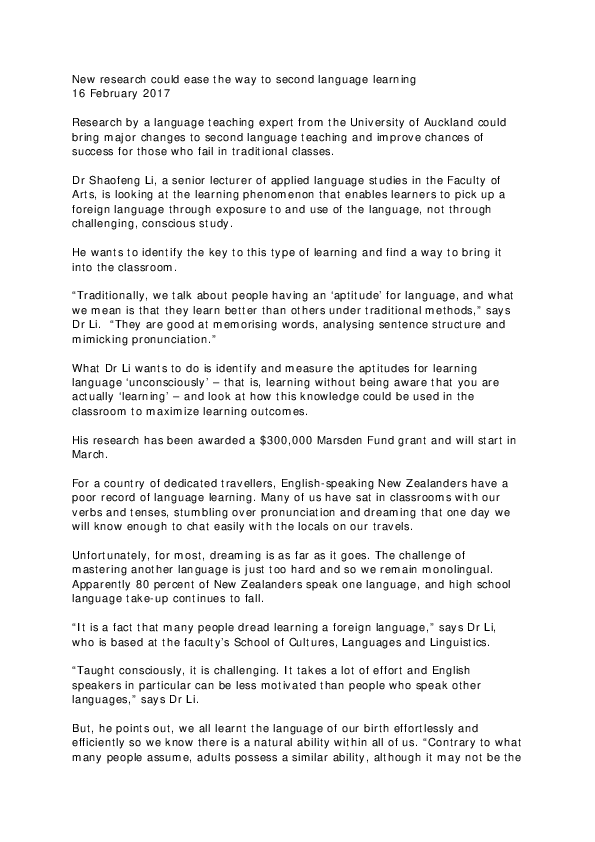 Pdf Li S 2017 New Research Could Ease The Way To Second Language Learning News Release