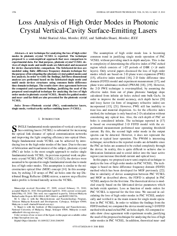 (PDF) Loss Analysis of High Order Modes in Photonic Crystal Vertical-Cavity Surface-Emitting Lasers