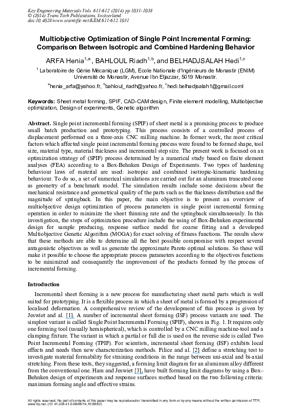 Pdf Multiobjective Optimization Of Single Point Incremental Forming Comparison Between
