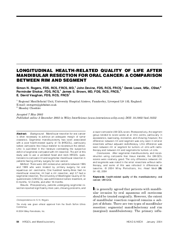 (PDF) Longitudinal health-related quality of life after mandibular ...