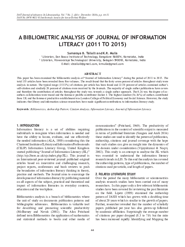(PDF) A Bibliometric Analysis of Journal of Information Literacy (2011 ...