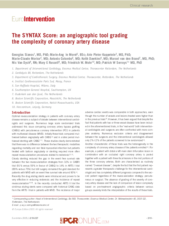 (PDF) The SYNTAX Score: an angiographic tool grading the complexity of ...