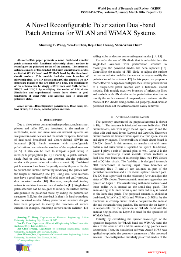 Pdf A Novel Reconfigurable Polarization Dual Band Patch Antenna For