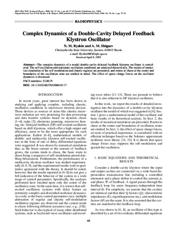 (PDF) Complex dynamics of a double-cavity delayed feedback Klystron oscillator