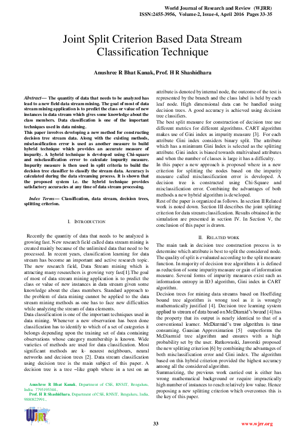(PDF) Joint Split Criterion Based Data Stream Classification Technique