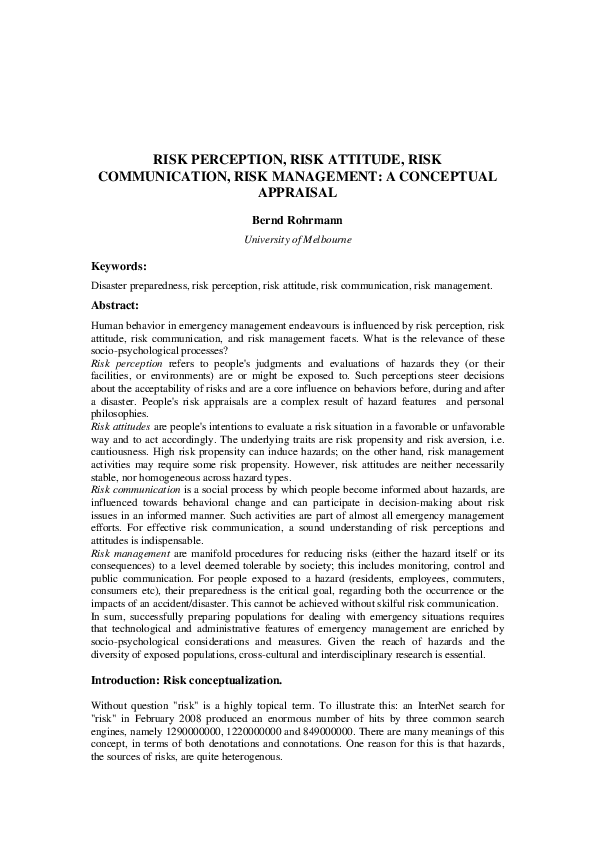 (PDF) RISK PERCEPTION, RISK ATTITUDE, RISK COMMUNICATION, RISK MANAGEMENT: A CONCEPTUAL APPRAISAL