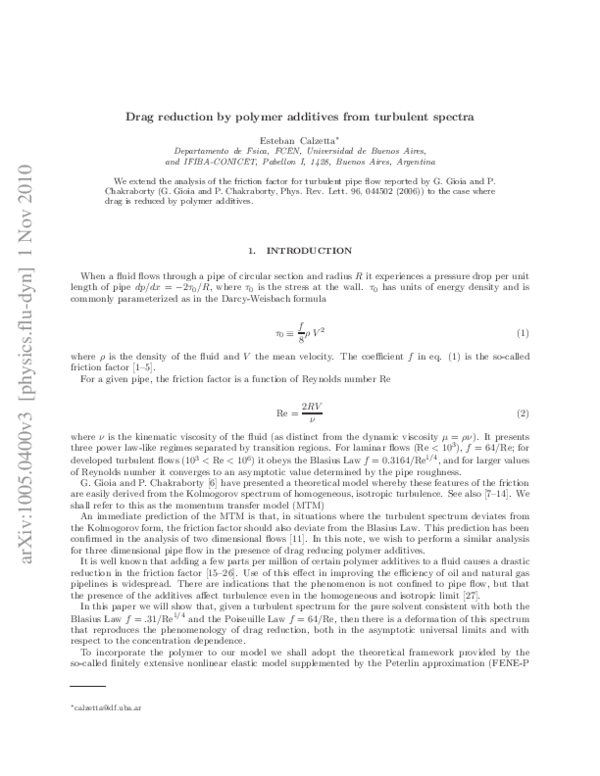 (PDF) Drag reduction by polymer additives from turbulent spectra | esteban calzetta - Academia.edu