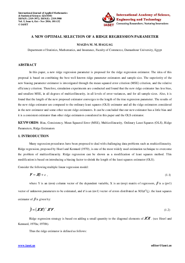 (PDF) A NEW OPTIMAL SELECTION OF A RIDGE REGRESSION PARAMETER