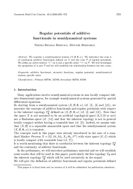 (PDF) Regular potentials of additive functionals in semidynamical systems