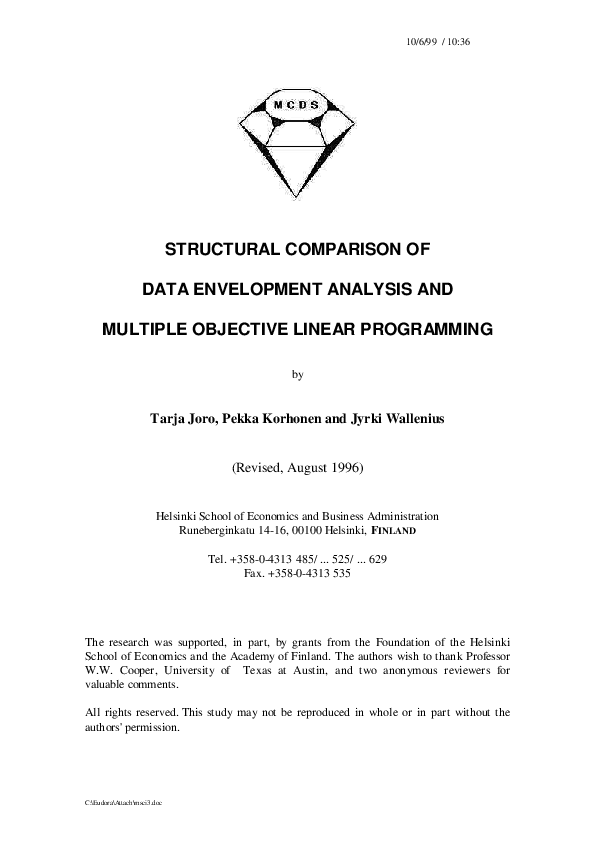 Pdf Structural Comparison Of Data Envelopment Analysis And Multiple Objective Linear 