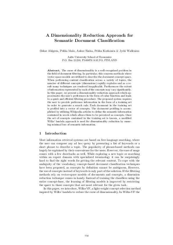 (PDF) A Dimensionality Reduction Approach for Semantic Document Classification