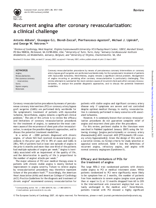 (PDF) Recurrent angina after coronary revascularization: a clinical ...