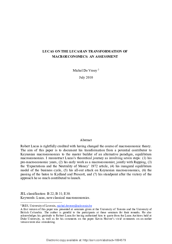 (PDF) Lucas on the Lucasian Transformation of Macroeconomics: An Assessment