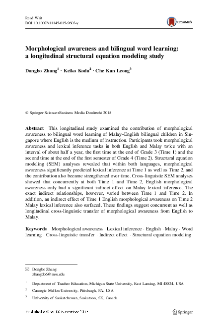 Pdf Morphological Awareness And Bilingual Word Learning A Longitudinal Structural Equation