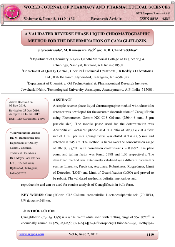 Pdf A Validated Reverse Phase Liquid Chromatographic Method For The Determination Of Canagliflozin