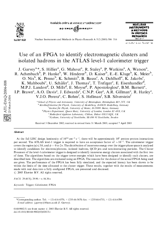(PDF) Use of an FPGA to identify electromagnetic clusters and isolated hadrons in the ATLAS ...