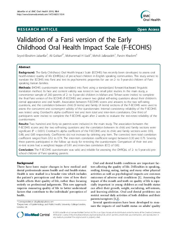 (PDF) Validation of a Farsi version of the Early Childhood Oral Health ...