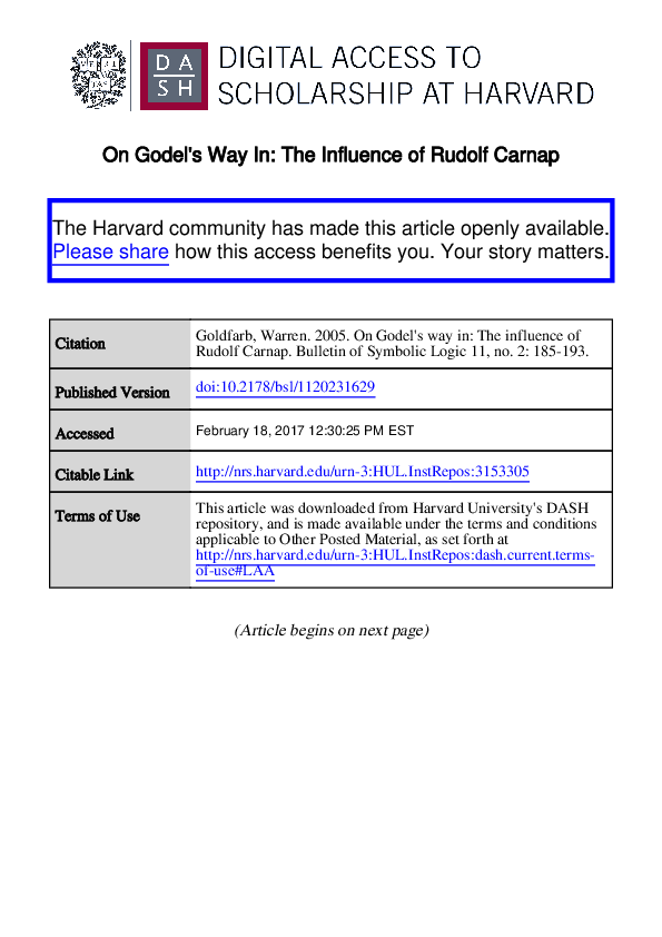 (PDF) On Gödel's Way In: The Influence of Rudolf Carnap