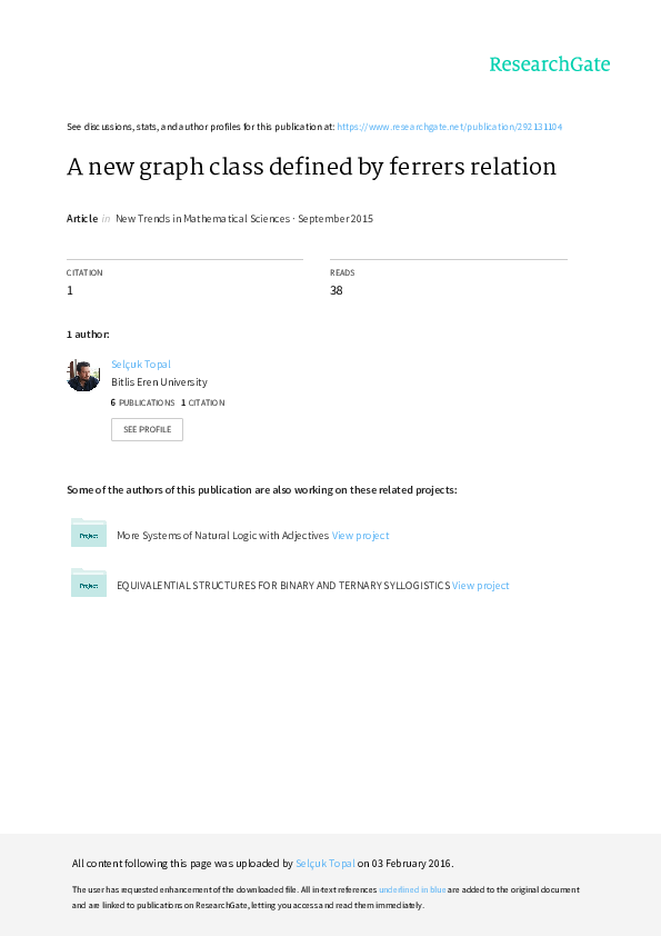 (PDF) A new graph class defined by ferrers relation
