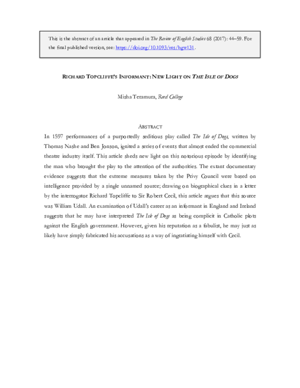 (PDF) Richard Topcliffe's Informant: New Light on "The Isle of Dogs"