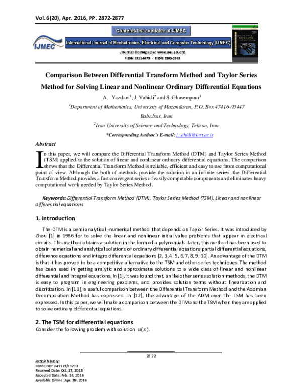 Pdf Comparison Between Differential Transform Method And Taylor