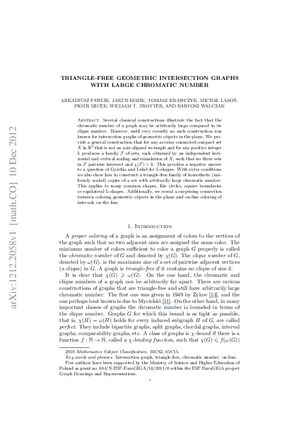 Pdf Triangle Free Geometric Intersection Graphs With Large Chromatic