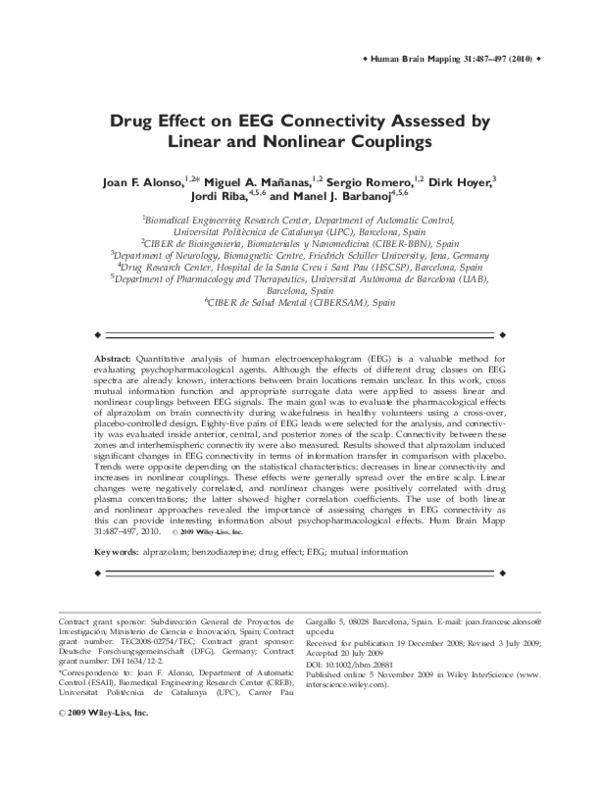 (PDF) Drug effect on EEG connectivity assessed by linear and nonlinear couplings | Miguel ...