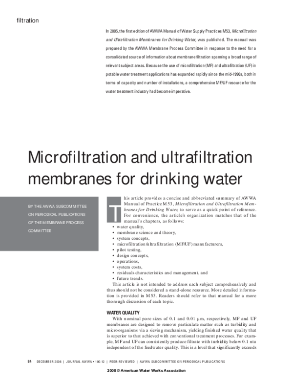 (PDF) Microfiltration and ultrafiltration membranes for drinking water