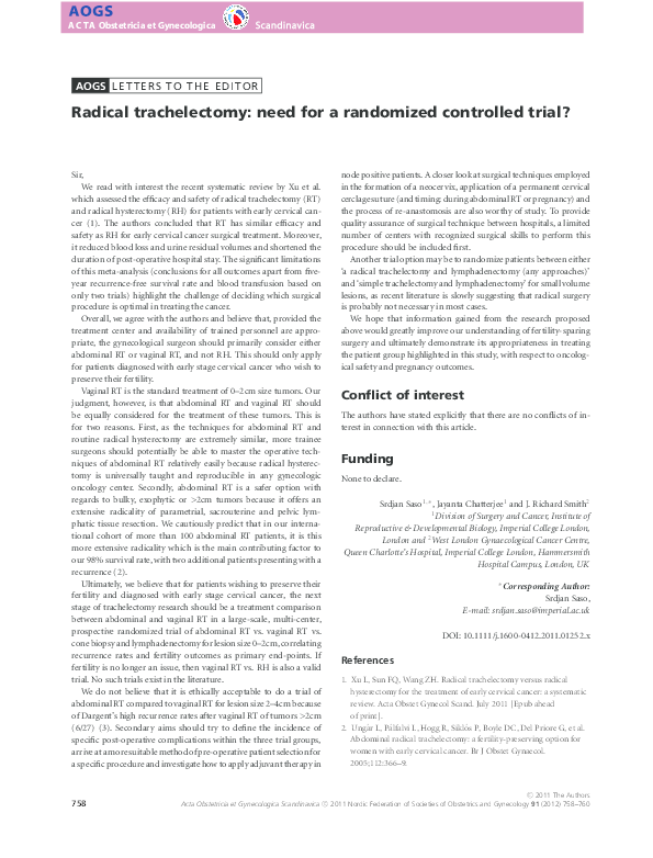 (PDF) Radical trachelectomy: need for a randomized controlled trial?