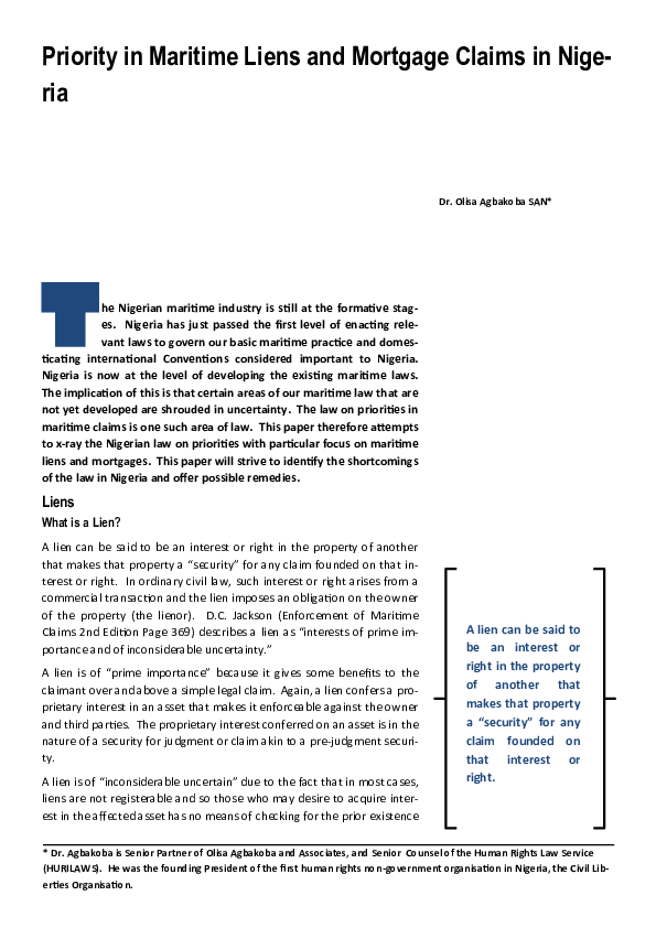 (PDF) Priority in Maritime Liens and Mortgage Claims in Nige- ria