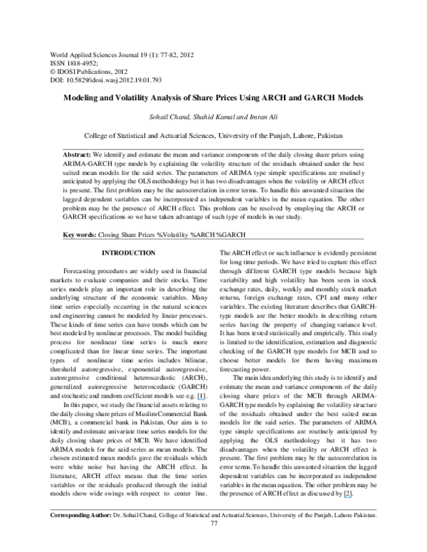 Pdf Modeling And Volatility Analysis Of Share Prices Using Arch And Garch Models