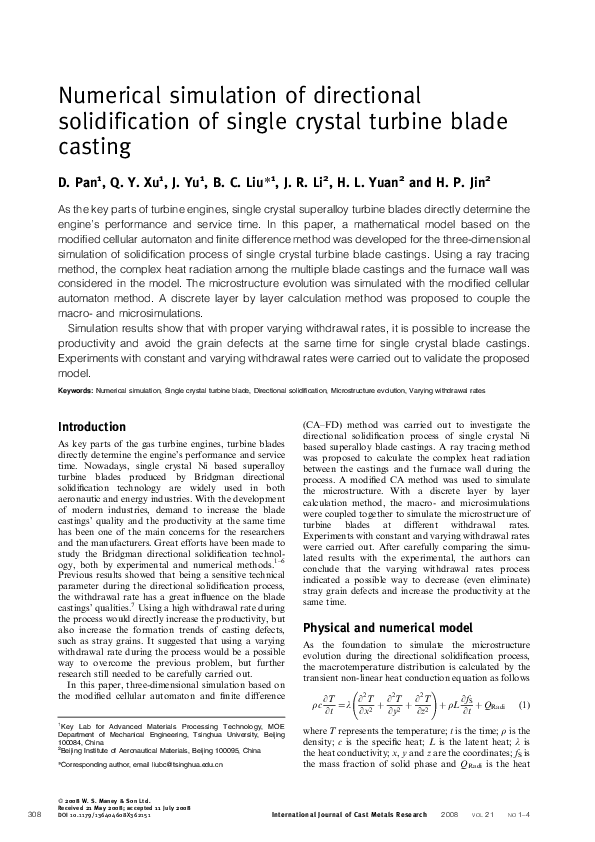 Pdf Numerical Simulation Of Directional Solidification Of Single Crystal Turbine Blade Casting