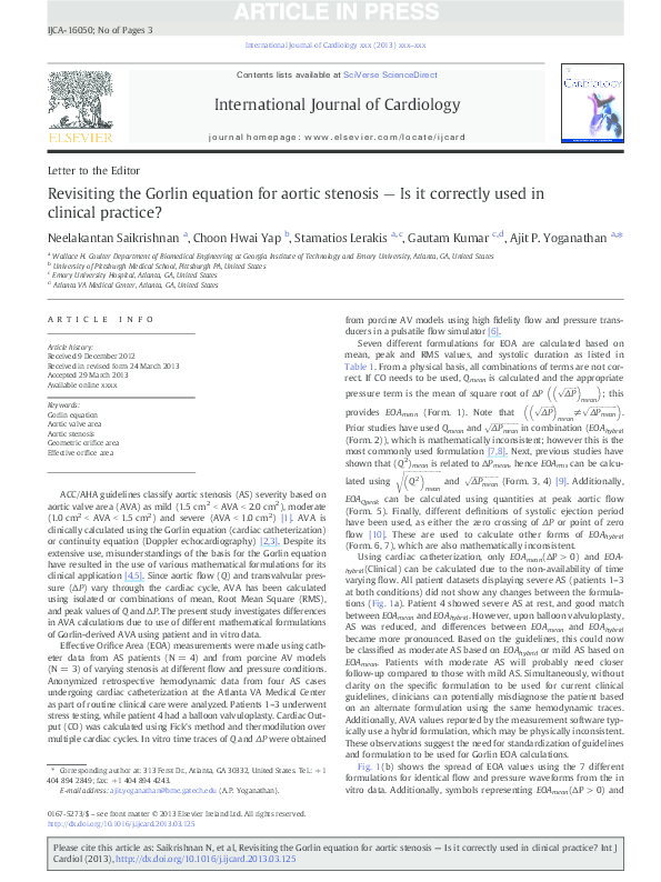 (PDF) Revisiting the Gorlin equation for aortic stenosis — Is it ...