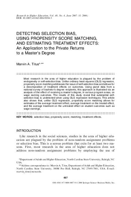 Pdf Detecting Selection Bias Using Propensity Score Matching And Estimating Treatment