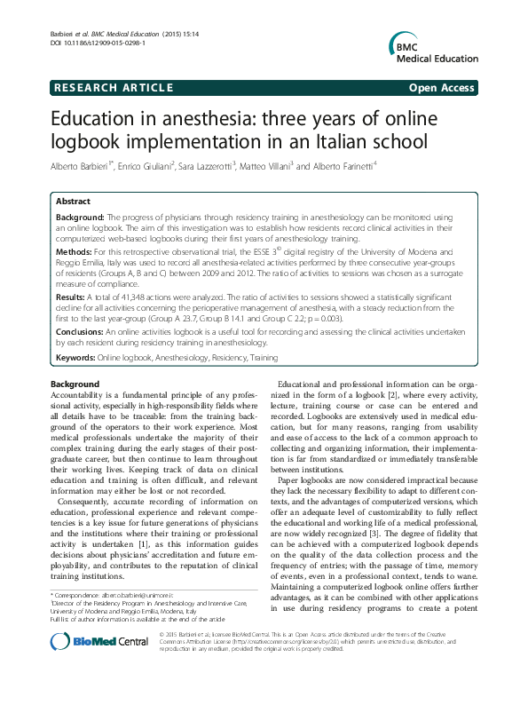 (PDF) Education in anesthesia: three years of online logbook ...