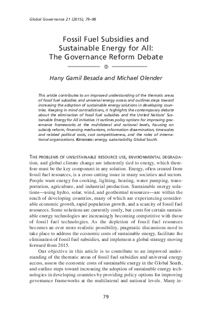 (PDF) Fossil Fuel Subsidies and Sustainable Energy for All: The Governance Reform Debate