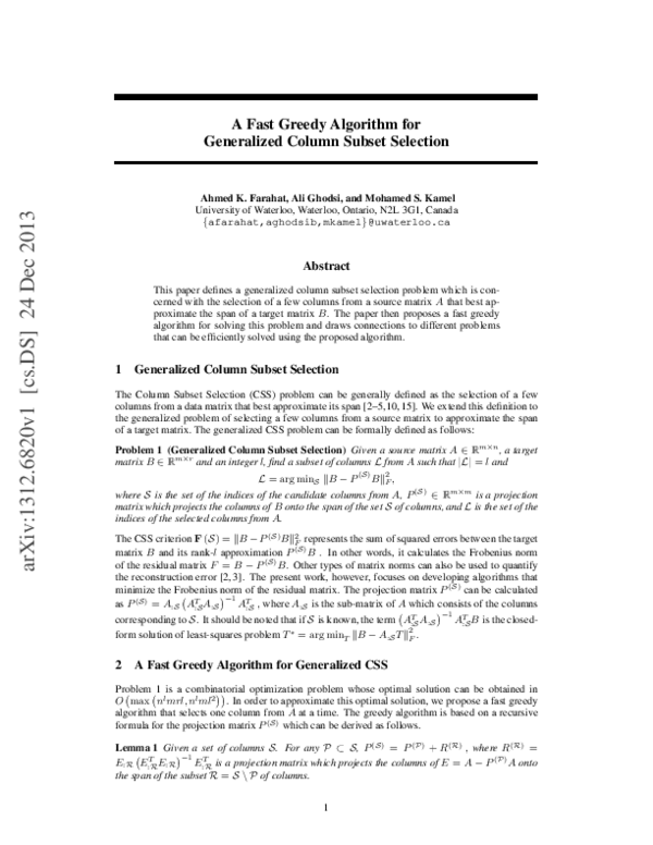 Pdf A Fast Greedy Algorithm For Generalized Column Subset Selection