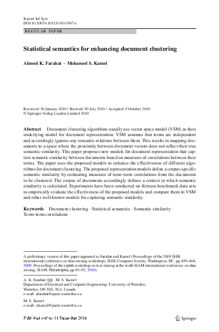 (PDF) Statistical semantics for enhancing document clustering