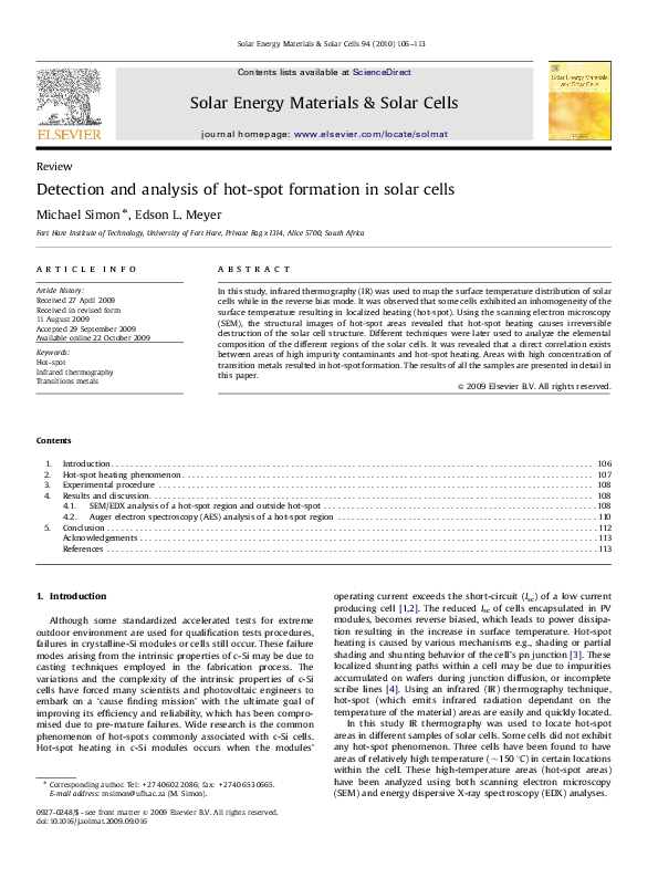 (PDF) Detection and analysis of hot-spot formation in solar cells ...