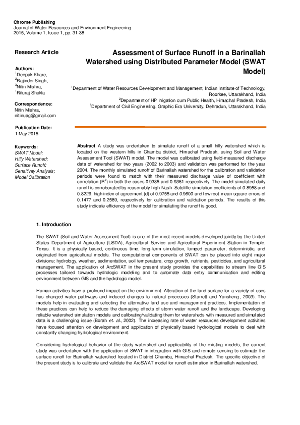 (PDF) Assessment of Surface Runoff in a Barinallah Watershed using Distributed Parameter Model ...